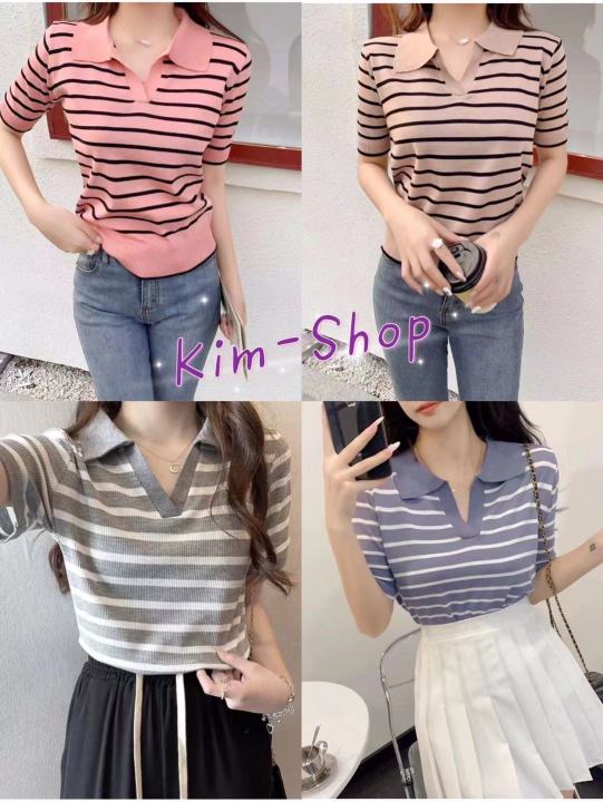 💕Kim-shop*พร้อมส่ง😍เสื้อคอปกแขนสั้น ผ้าไหมพรมลายทาง แฟชั่นสไตล์เกาหลี ...