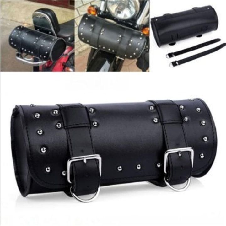 Universal Black Motorcycle Round Barrel PU Leather Tool Side Front Bag ...