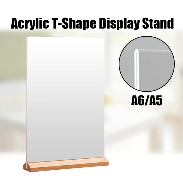 A5 A6 Acrylic T-Shape Display With Wooden Stands Clear Sign Holder For ...