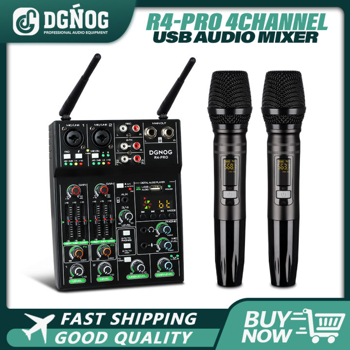 DGNOG R4-PRO 4 Channel USB Audio Mixer with Wireless Microphone Studio Sound Mixers with ...