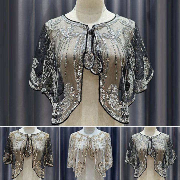 BETTERFORM 1920s Flapper Shawl Sparkling Sequins Lace Overlay Evening ...