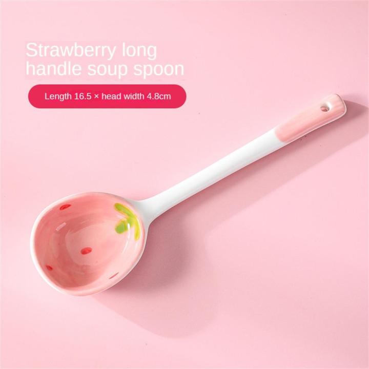 1PC Pink Strawberry Long handled Spoon, Cartoon Cute Ceramic Spoon ...