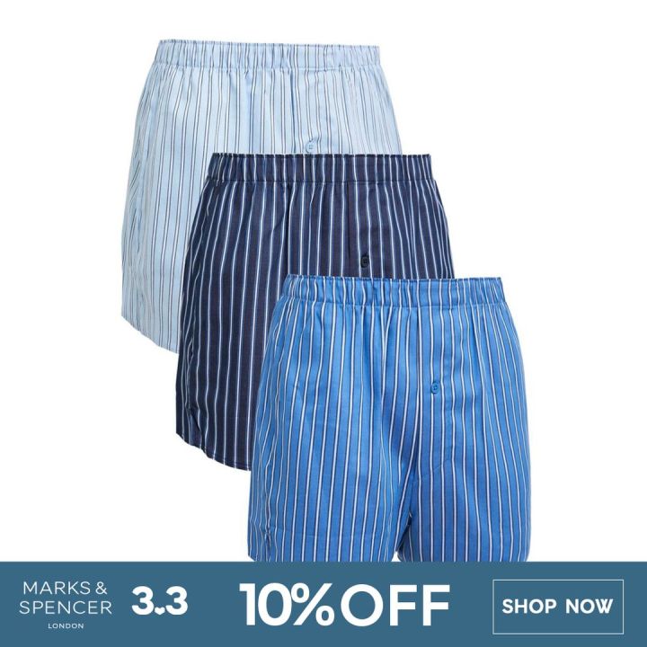 Marks & Spencer Men's 3pk Pure Cotton Striped Woven Boxers (Ocean ...
