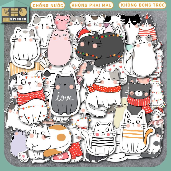 Combo 50 Sticker Cat Cute chống nước sticker dán laptop, điện thoại ...