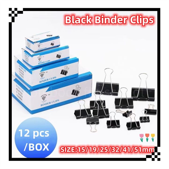 12pcs Black Binder Clips Paper Multipurpose 15mm 19mm 25mm 32mm 41mm ...
