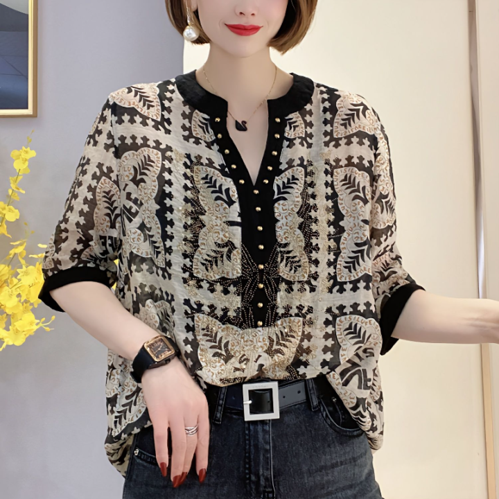 Summer New Ethnic Style Blouses Hot Diamond Print Shirt Women's Cover ...