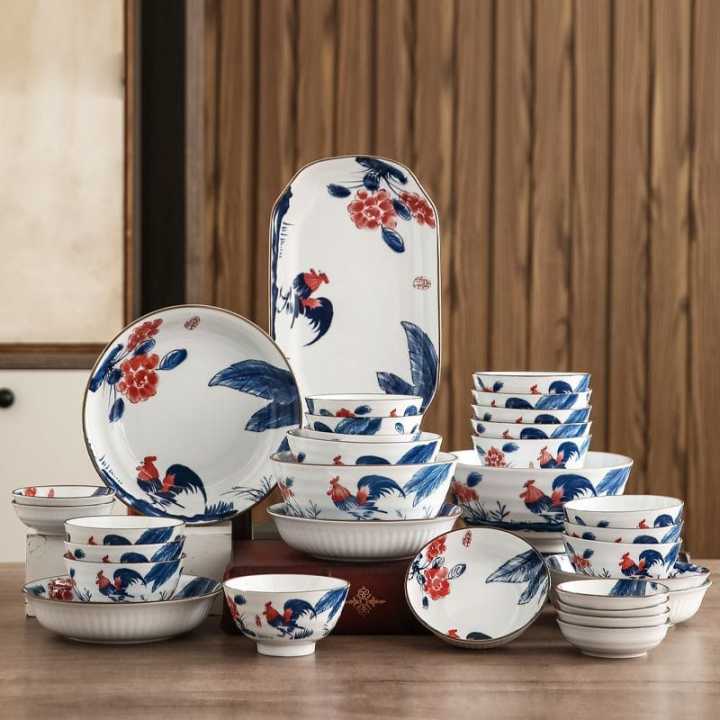Chinese Golden Rooster Chicken Plate & Bowl Thick Ceramic Tableware Set ...