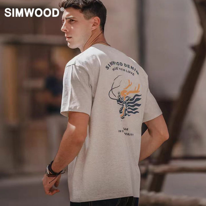 ใหม่ล่าสุดSIMWOOD เสื้อยืดคอกลม ผ้าฝ้าย 100%จีน dragonพิมพ์น้ําล้างกลมเสื้อสั้นเสื้อยืดผ้านุ่ม ...