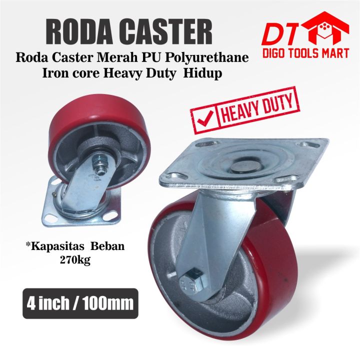 Roda Caster Merah 4inci PU Polyurethane Iron core Heavy Duty Hidup ...