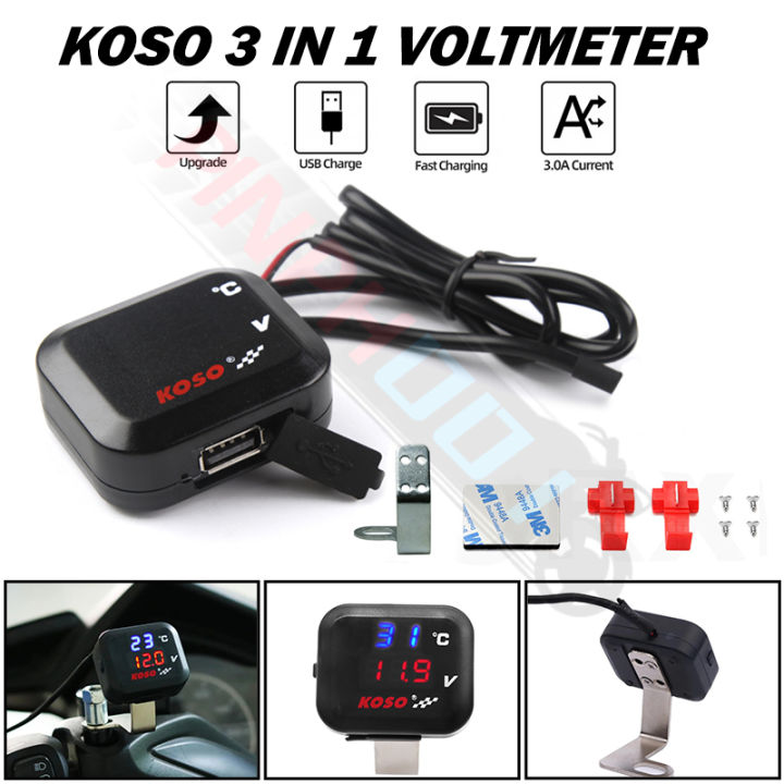 KOSO 3 in 1 Motorcycle Voltmeter Thermometer With Quick Charging USB ...