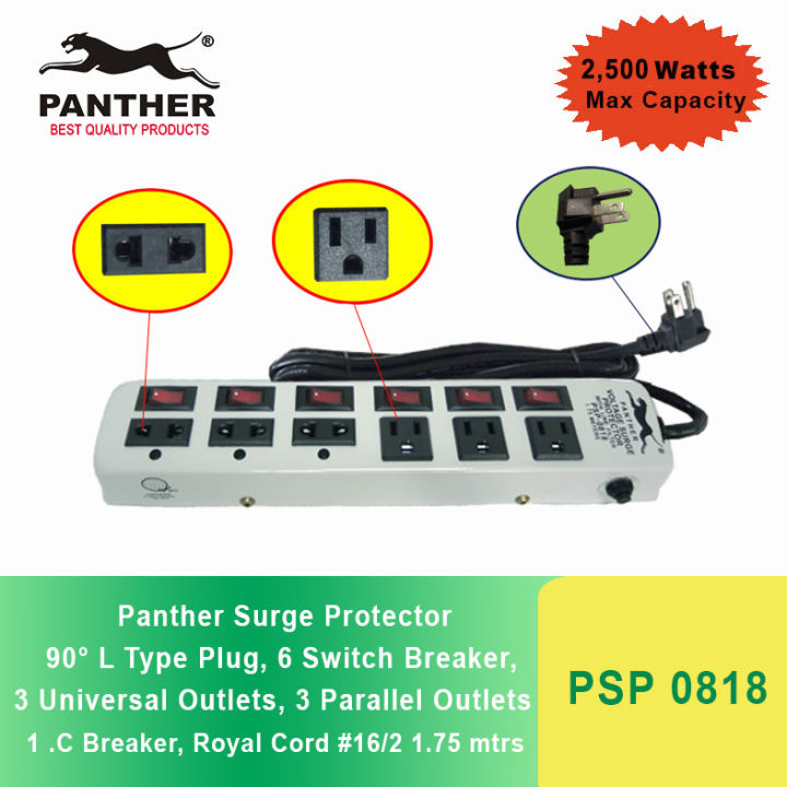 Panther PSP 0818 Extension Cord w/ Voltage Surge Protector 6 Outlets w ...