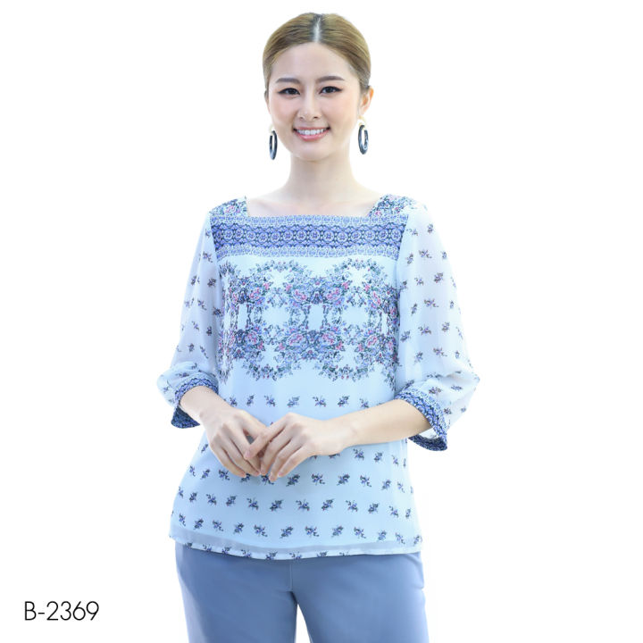 MIKIKO Blouse MI-B2369 ชิฟฟอนบอร์ดเดอร์ แขนยาว IGPU22-12 | Lazada.co.th