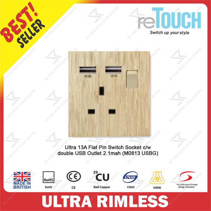 ReTouch Ultra 13A Flat Pin Switch Socket c/w double USB Outlet 2.1mah ...