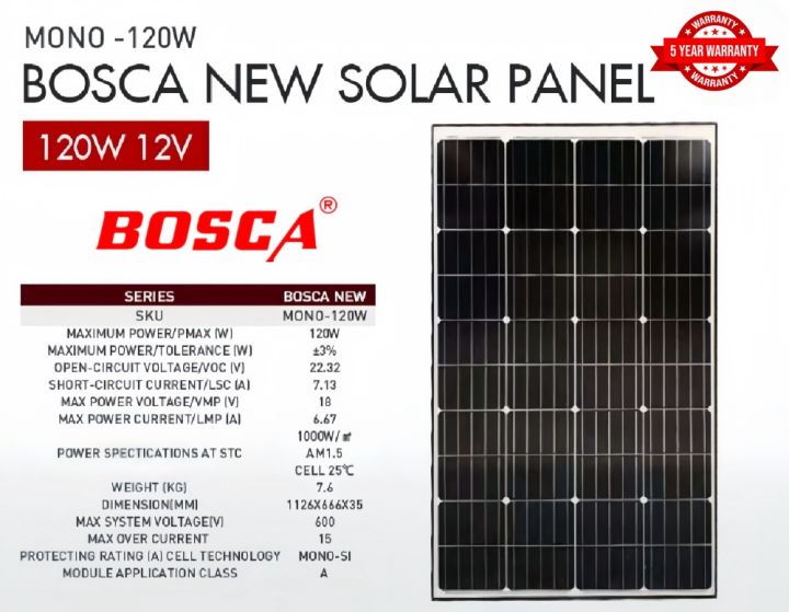 BOSCA 5 Year Warranty 120W Solar Panel Mono 120 Watt 12 Volt Pv Solar ...