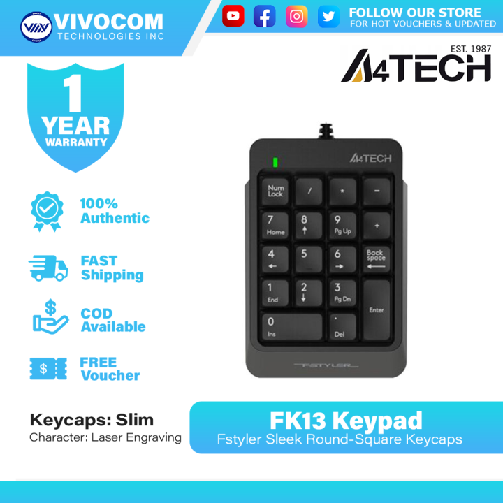 A4Tech FK13 Fstyler Sleek Round-Square Keycaps High-Elasticity Wired Silicon Numeric Keypad ...