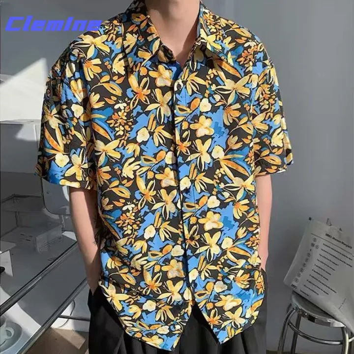 Clemine เสื้อเชิ๊ตผู้ชาย,พิมพ์ลายแขนสั้นผ้าไหมน้ำแข็งทรงหลวมเสื้อฮาวาย ...