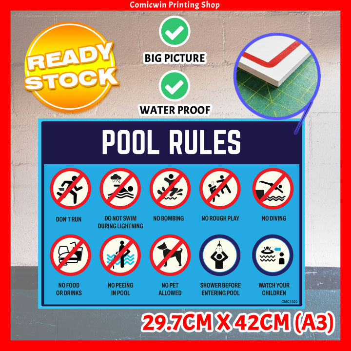 CMC1020 Swimming Pool Safety Sign Signage Board A3 size (3mm thickness) Pool Rules, Swimming ...
