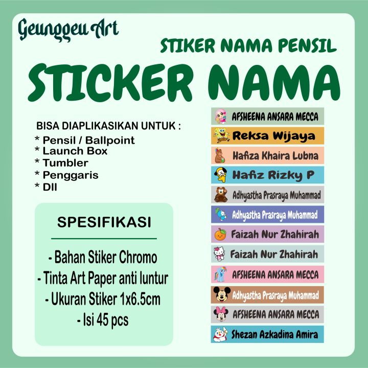 ISI 45 PCS STICKER NAMA ANAK SEKOLAH ANTI AIR BAHAN CHROMO UNTUK PENSIL ...