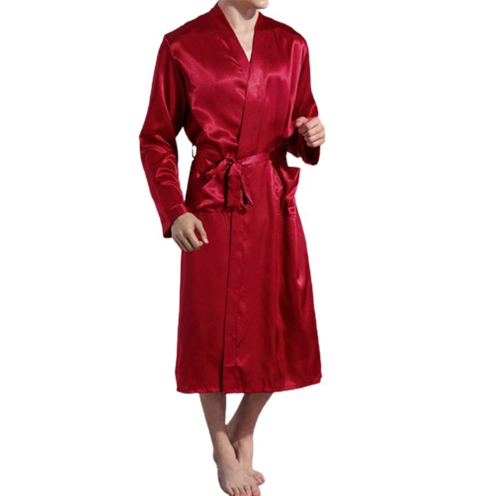Men Bathrobe Solid Color Silky Smooth Soft Sleeping Robes for Spring ...