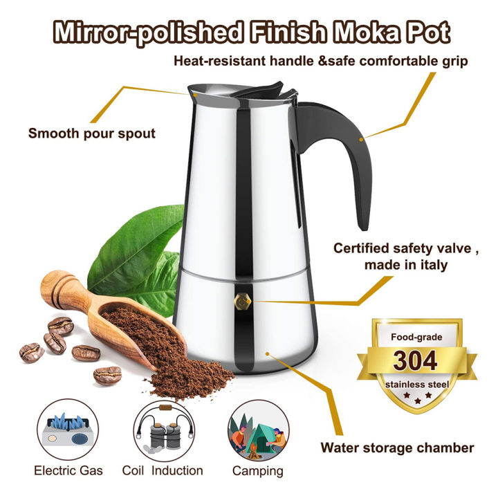 Italian Moka Pot Coffee Maker Stainless Steel Moka Coffee Pot Tea Pot ...
