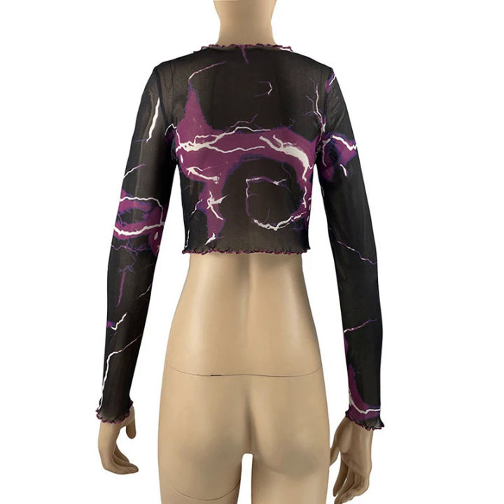={ Sexy mesh slim o neck long sleeve crop top women Gothic lightning ...