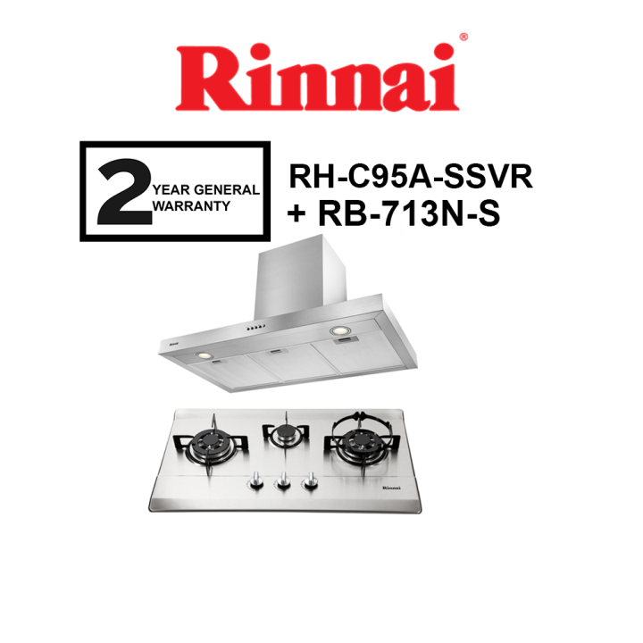 Rinnai Cooker Hood RH-C95A-SSVR / RHC95ASSVR 90cm Chimney Hood + 3-Burner RB-713N-S Built-in Gas ...