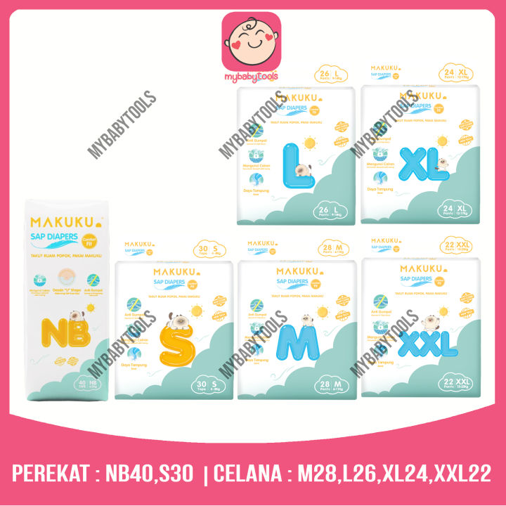 MAKUKU SAP DIAPERS COMFORT FIT TAPE NB40 NB32 S30 PANTS M28 L26 XL24 XXL22 | Lazada Indonesia