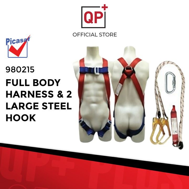 PICASAF FULL BODY HARNESS WITH DOUBLE LANYARD 1.8M & LARGE HOOK SET & ENERGY ABSORBER (980215 ...