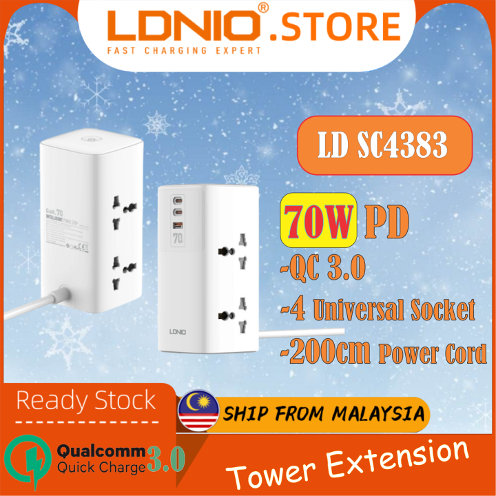 LDNIO SC4383 Tower Extension 2 Meter Power Cord 4 Universal Socket with ...