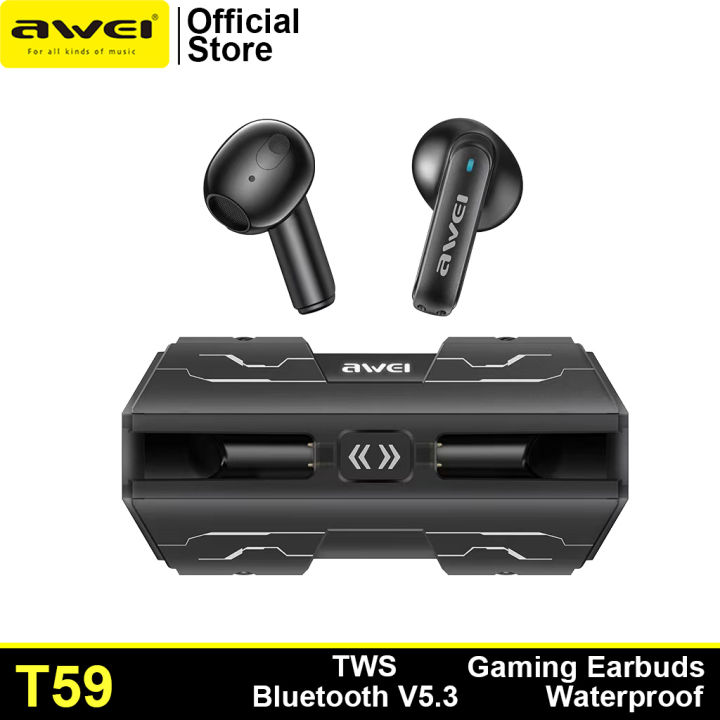Awei T59 TWS Earbuds Gaming Earphones Wireless Headphones Bluetooth 5.3 with Charging Case IPX4 ...