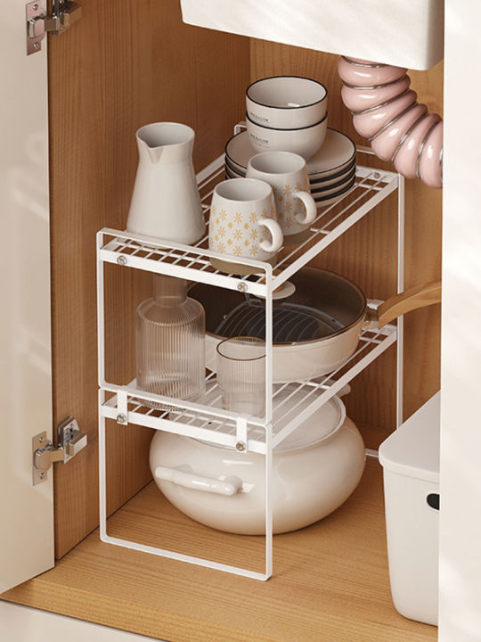 Telescopic kitchen layered shelf table top storage rack in cupboard ...
