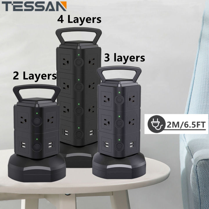 TESSAN Tower Socket Power Strip Extension Wire with USB, 1625W 10A ...