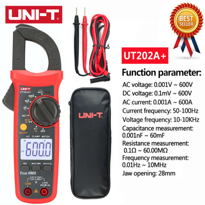 UNI-T UT202A+ AC-600A 600V True-RMS Digital Clamp Meter Tester, AC/DC ...