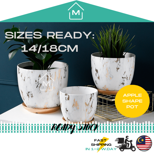 [WITH GOLD TRAY] Apple GOLD Porcelain Ceramic Large Big Planter Flower ...