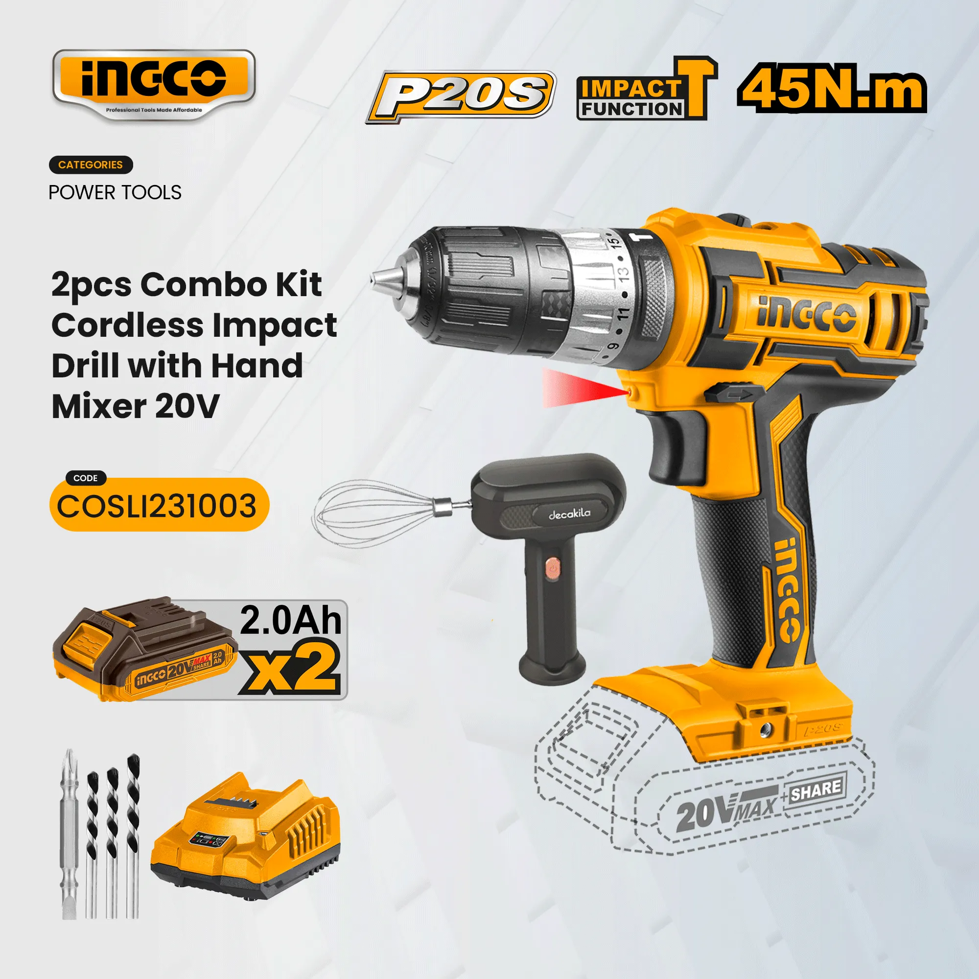 INGCO 2pcs Combo Kit 20V Cordless Impact Drill with Hand Mixer Drill ...