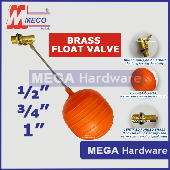 MECO Forged Brass Float Valve (1/2", 3/4", 1") Fittings / PVC Plastic Float Ball Valve for Water ...