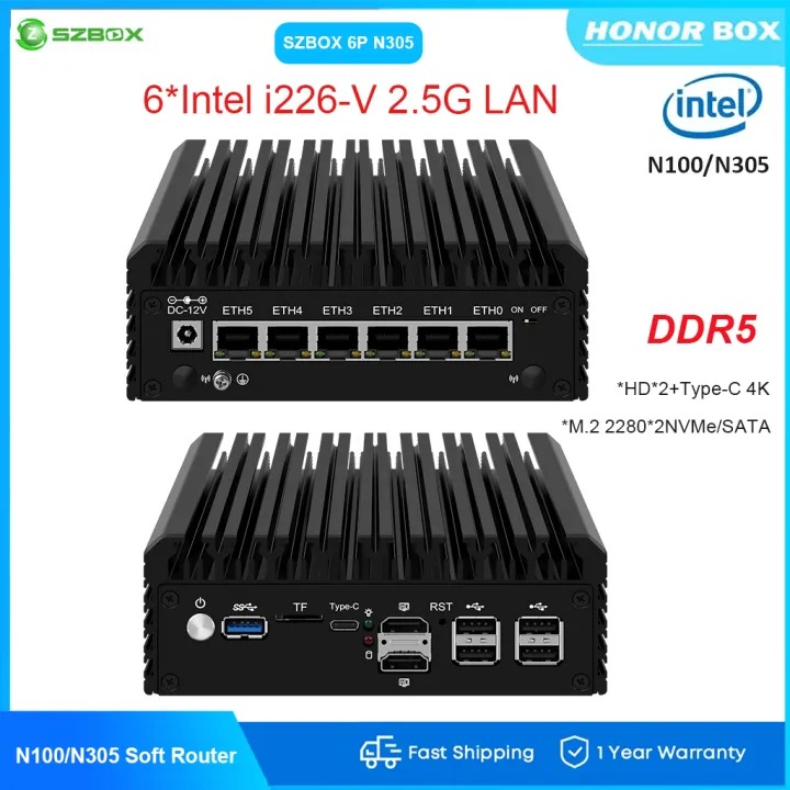 Fanless Mini PC 6x i226-V 6 LAN 2.5G Firewall Router 12th Gen Intel i3 N305 N100 DDR5 2xHDMI2.1 ...