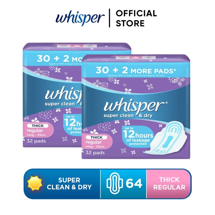 Whisper Super Clean & Dry Sanitary Napkin with Wings (64 pads) [Regular ...