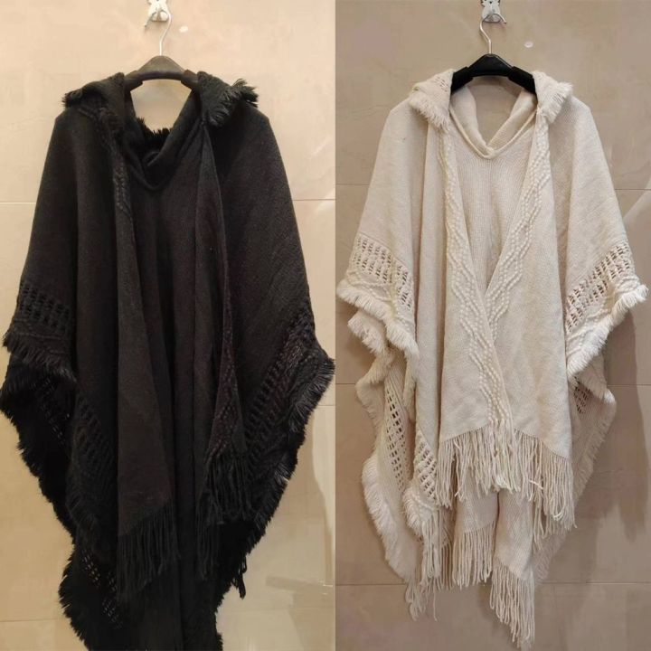 MISCAR โบฮีเมียน ผ้าคลุมไหล่ถักมีฮู้ด เสื้อคลุมสีขาว ลายทางเฉียง ผ้า ...