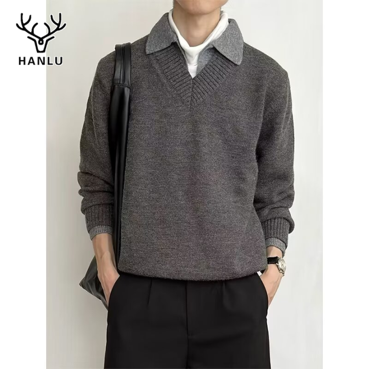Hanlu เสื้อสเวตเตอร์ถักคอวีแนววินเทจเสื่อทรงหลวมพอดีตัวลำลองแฟชั่นวัย ...