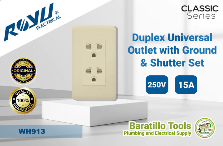 ROYU Classic Series Duplex Universal Outlet with Ground & Shutter Set ...