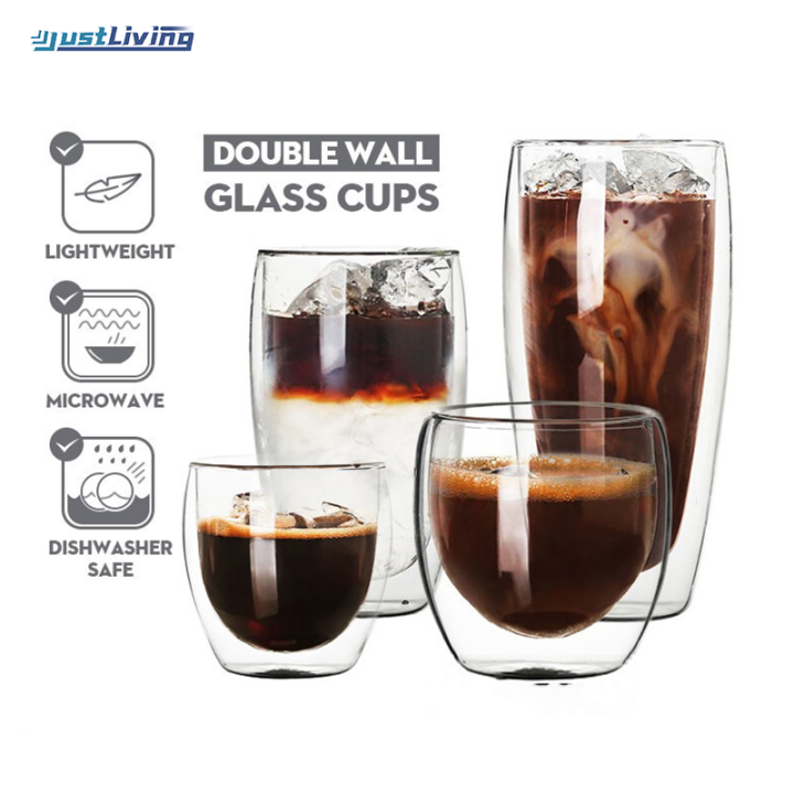 JustLiving Transparent Double Wall Cup Glass Coffee Mug Heat Resistant ...