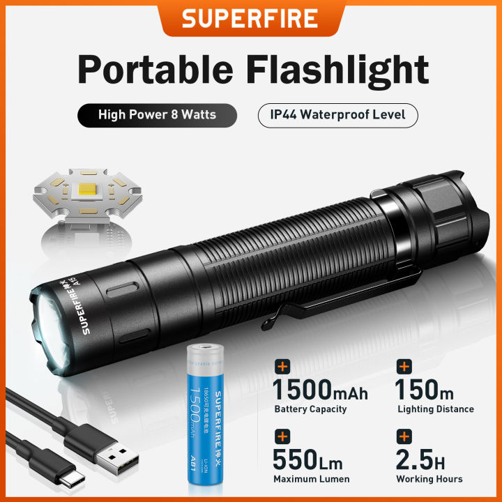 SUPERFIRE A15 Rechargeable Flashlight 550 Lumen LED Torch Light Powerful Portable Tactical ...