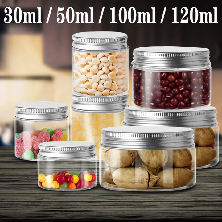30ml / 50ml / 100ml / 120ml Transparent Plastic Cans with Aluminum Lid Plastic Bottle Container ...