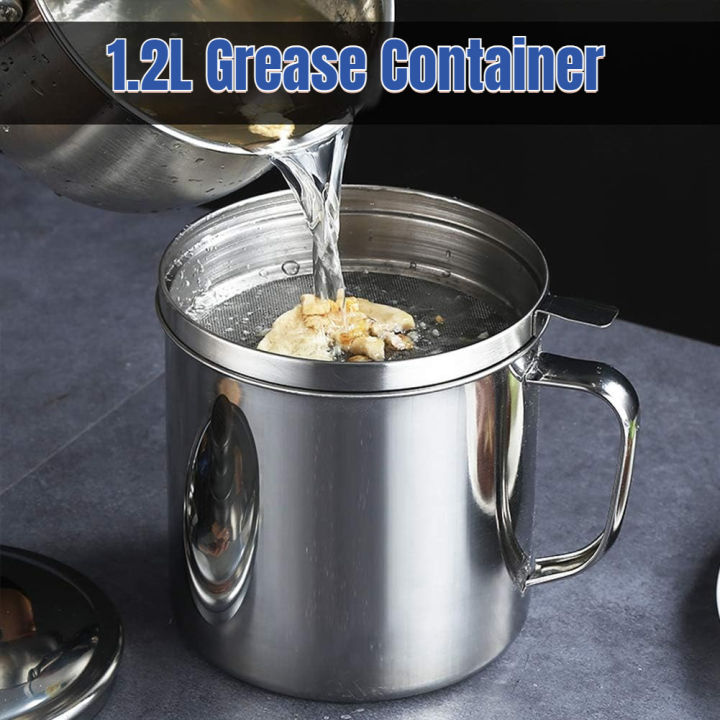 1.2L Stainless Steel Grease Container with Fine Mesh Strainer Kitchen ...