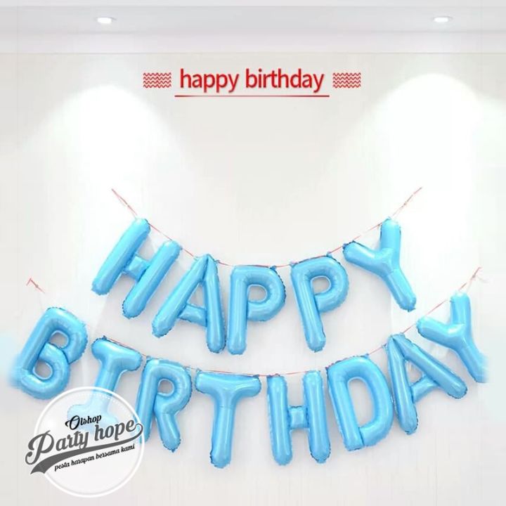 Balon Foil Huruf Set Happy Birthday Biru soft / paket huruf hbd pastel ...