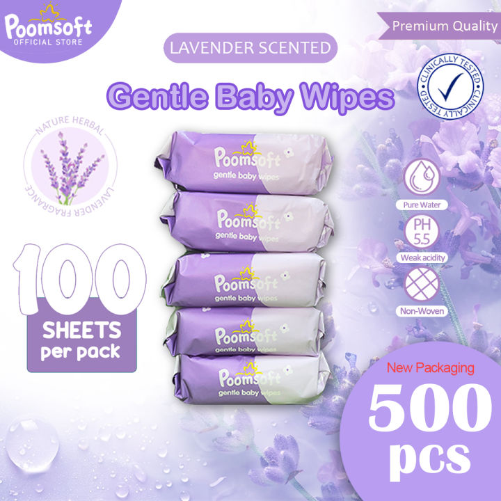 Poomsoft 5 Packs x 100 Sheet Purple Lavender Scented Alcohol-Free Baby ...