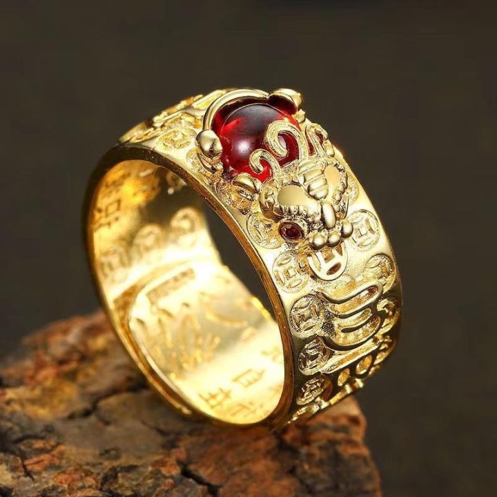 Blessed Piyao Mantra Ring Plated Gold Ring for Men Pixiu Feng Shui ...
