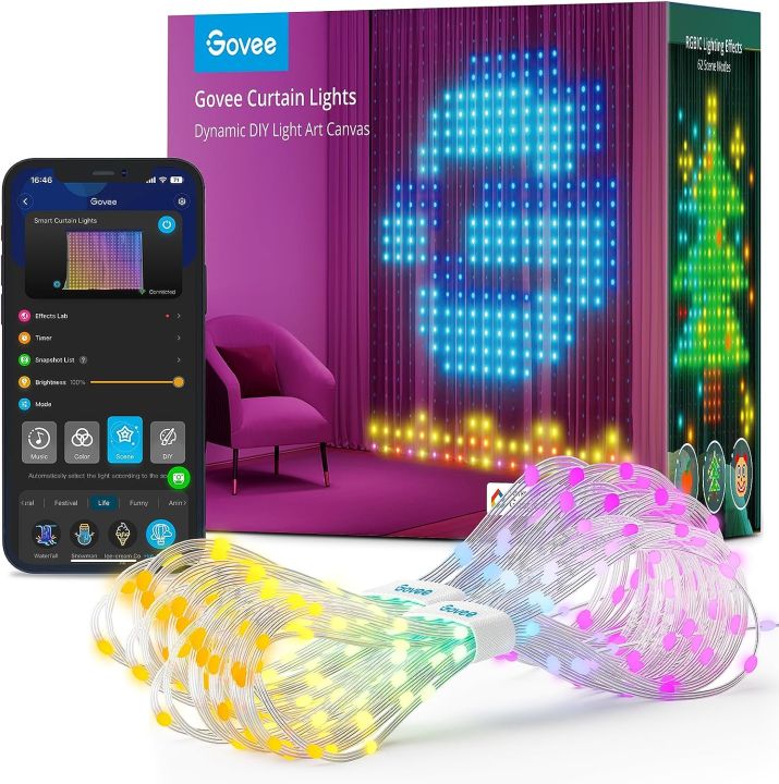 Govee Curtain Lights WiFi Smart LED Outdoor IP65 Waterproof 5 x 6.6ft ...