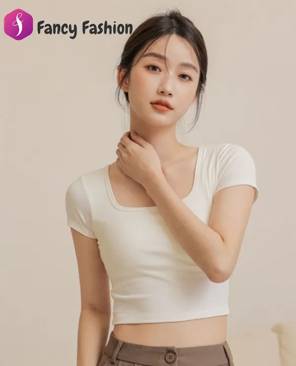 Fancy เสื้อยืดแขนสั้นผู้หญิงมีฟองน้ำที่หน้าอก เสื้อยืดสตรีบุนวมด้านใน(เหมาะสำหรับน้ำหนัก 35-55KG ...
